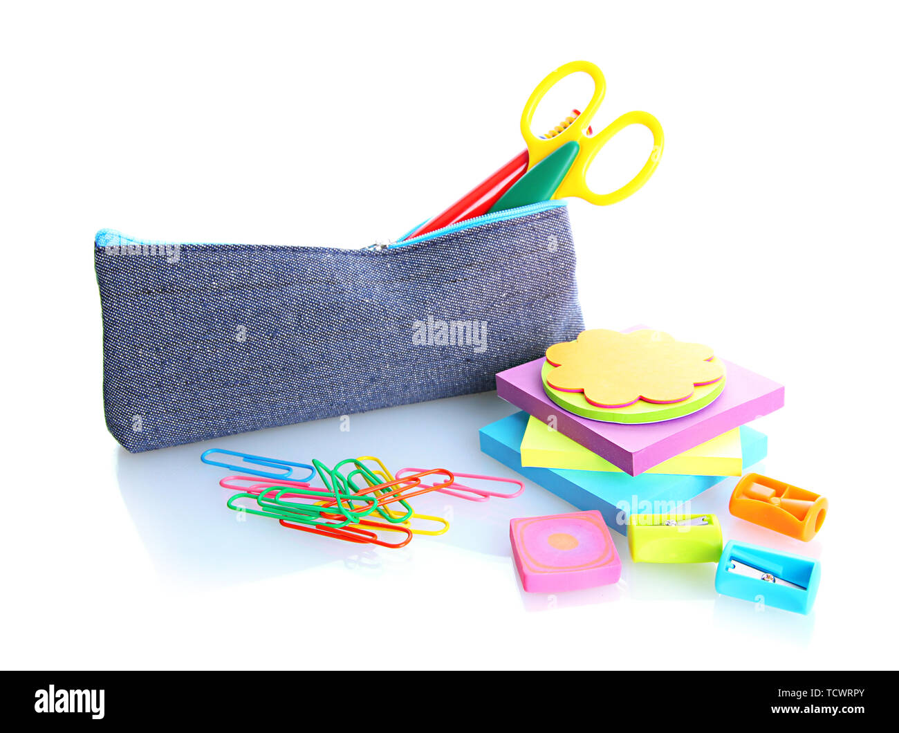 pencil box with school equipment isolated on white Stock Photo - Alamy