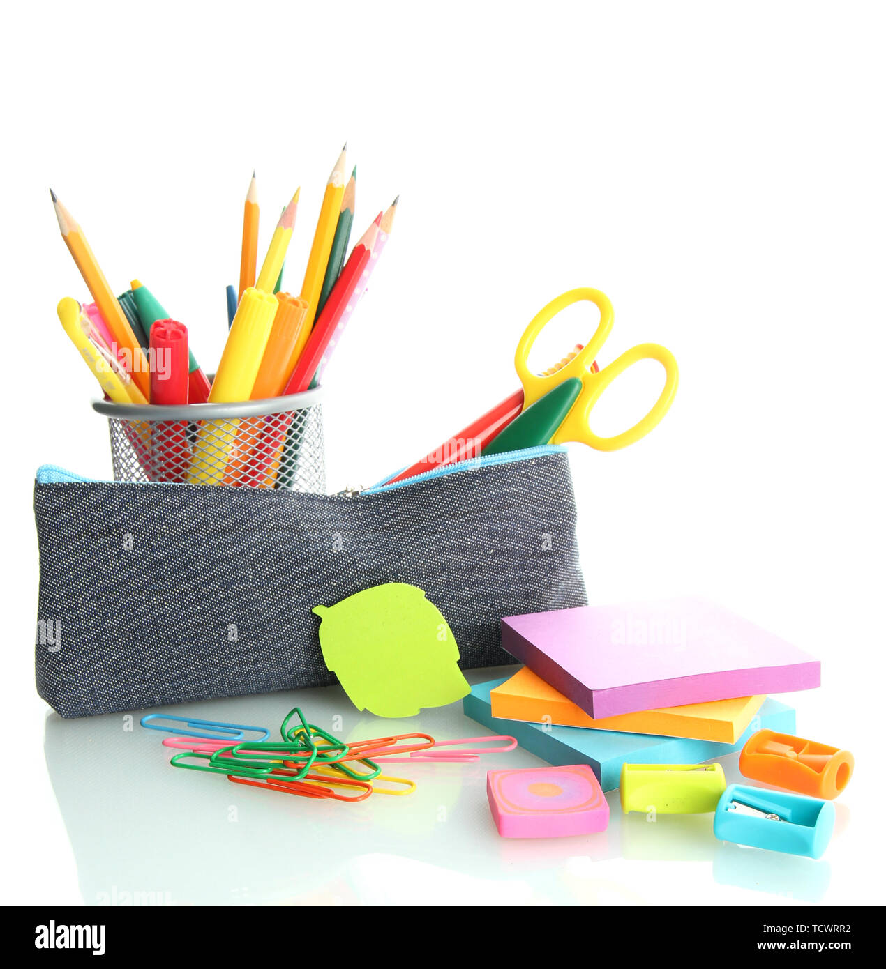 pencil box with school equipment isolated on white Stock Photo - Alamy