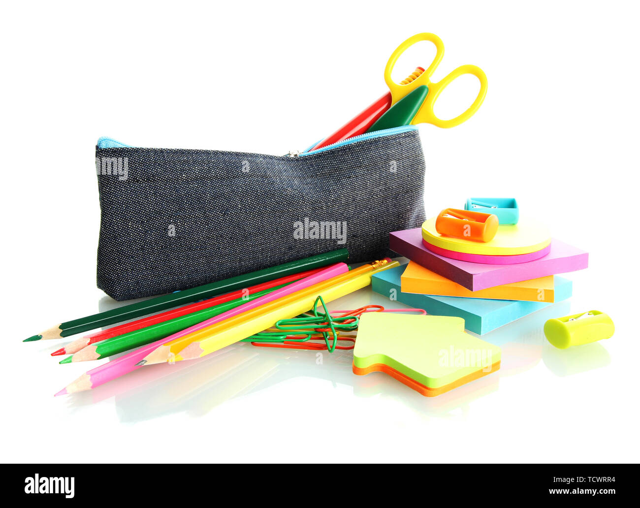 pencil box with school equipment isolated on white Stock Photo - Alamy
