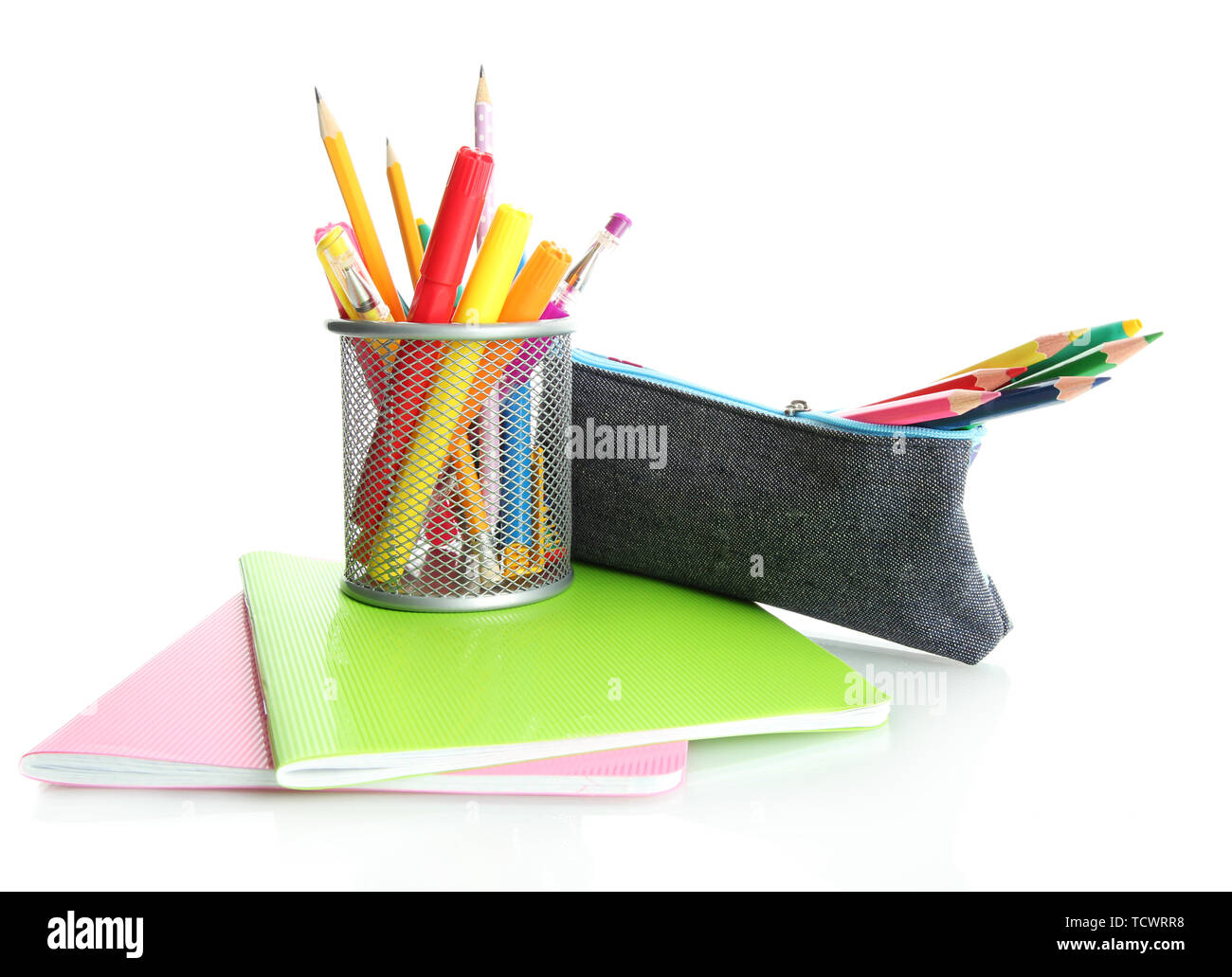 pencil box with school equipment isolated on white Stock Photo - Alamy