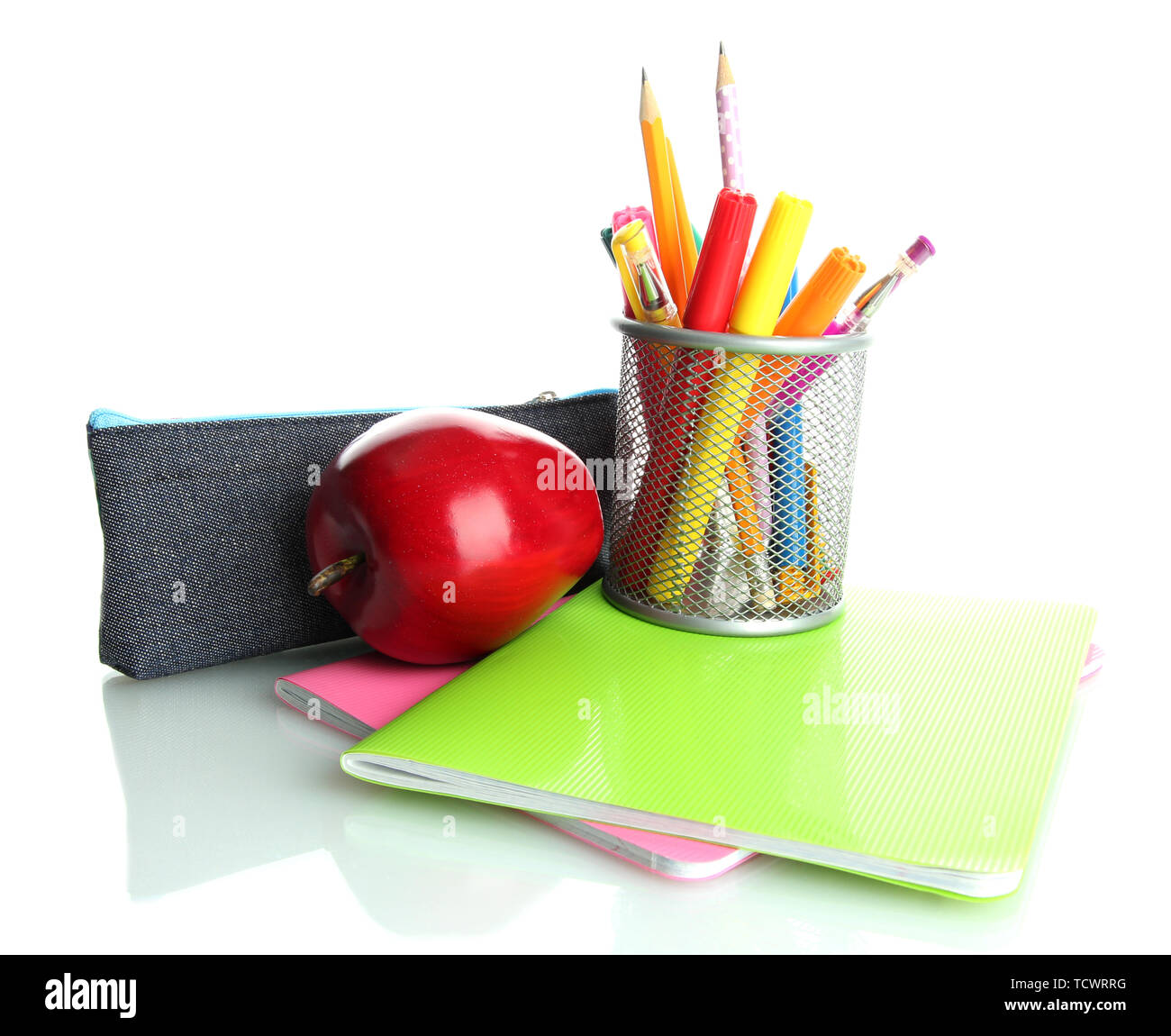 pencil box with school equipment and apple isolated on white Stock ...