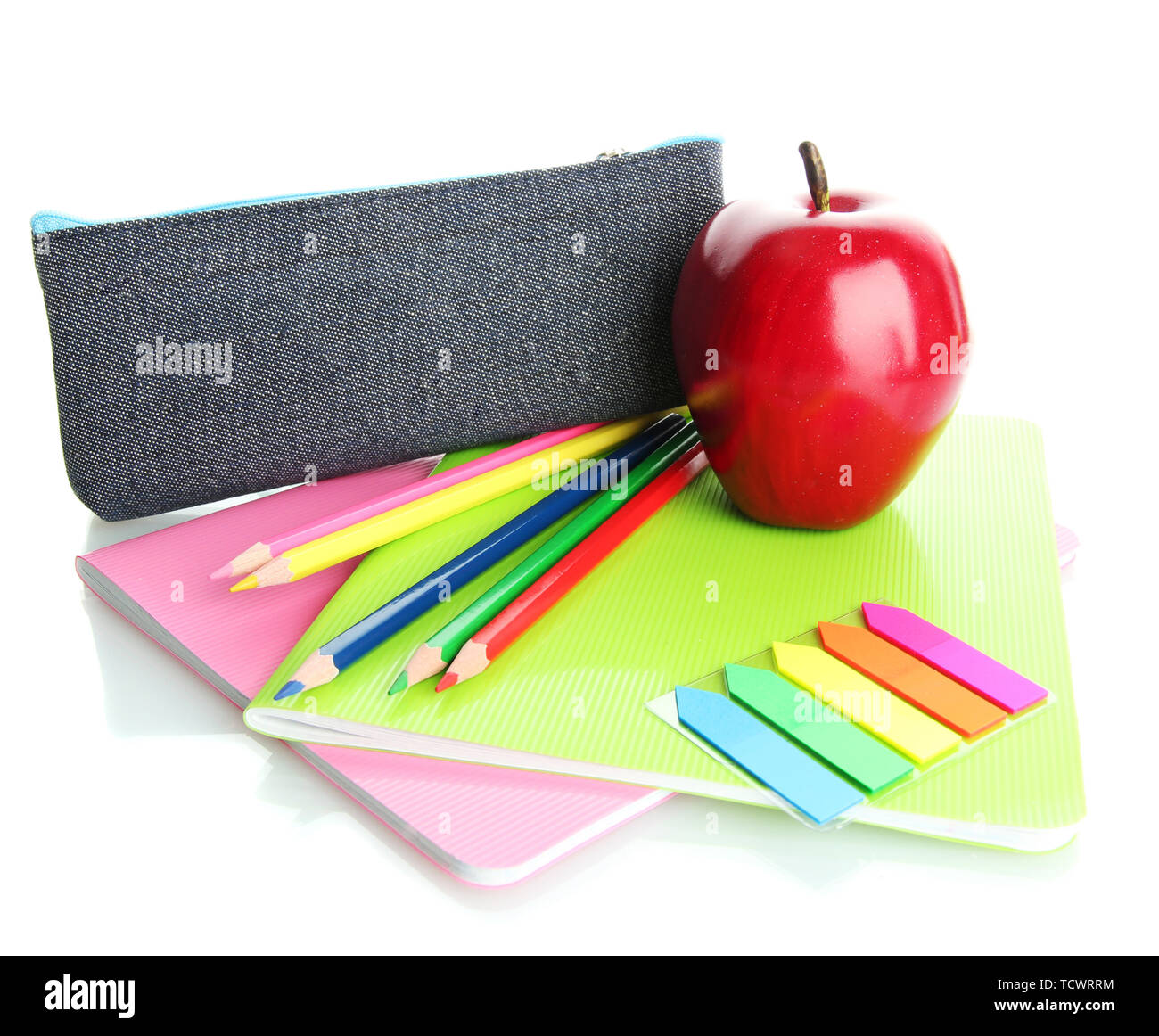 pencil box with school equipment and apple isolated on white Stock ...