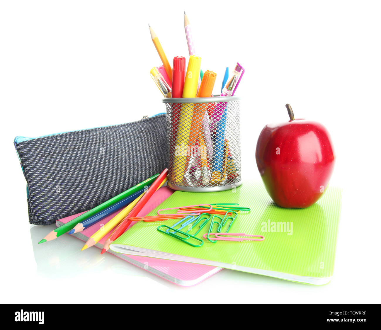 pencil box with school equipment and apple isolated on white Stock ...