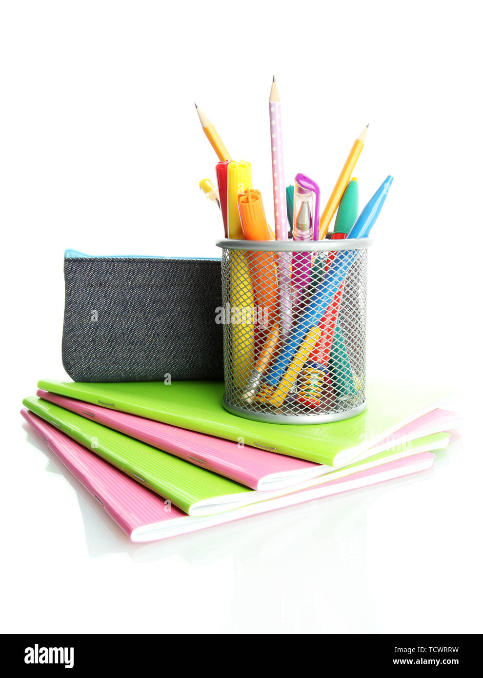 pencil box with school equipment isolated on white Stock Photo - Alamy