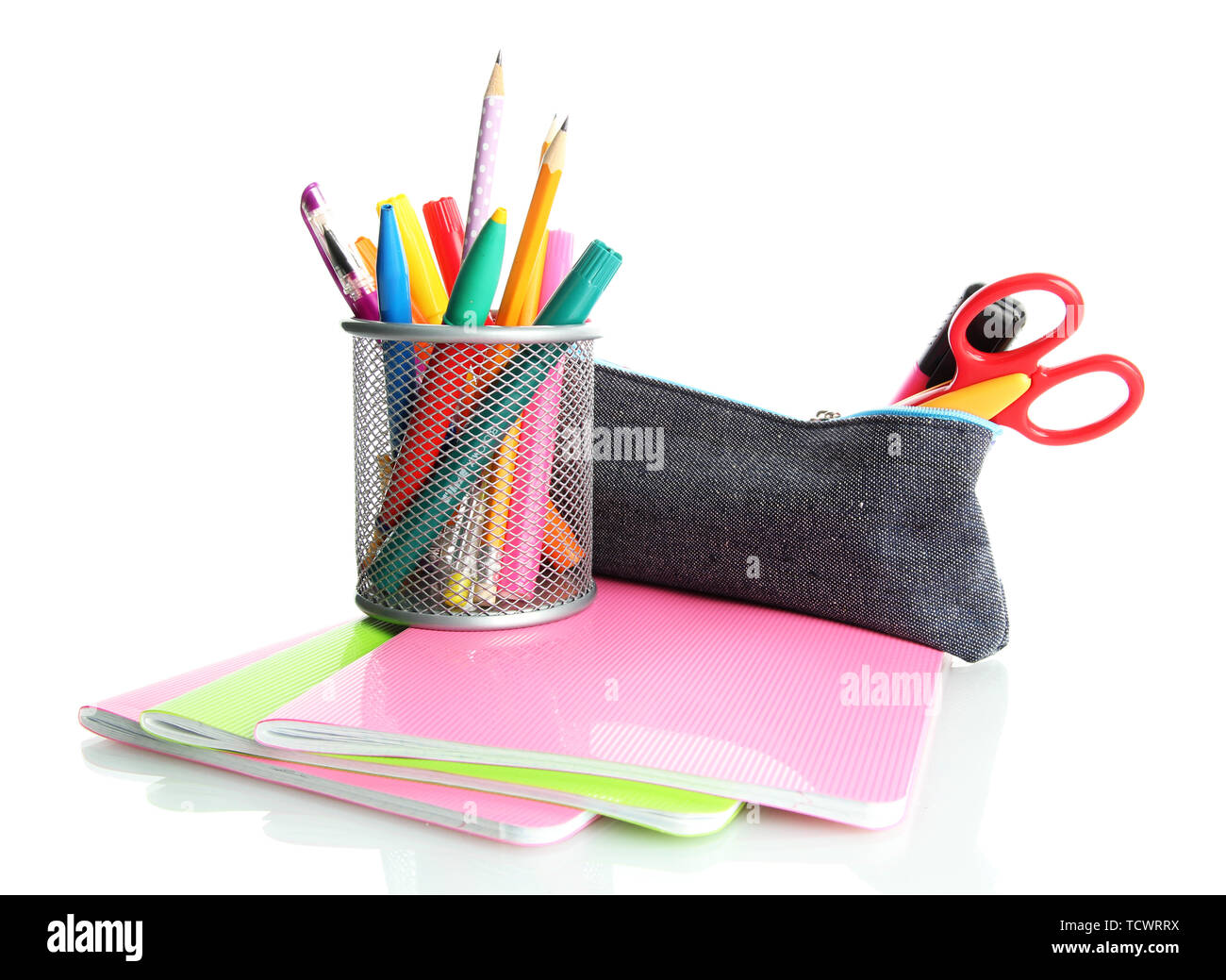 pencil box with school equipment isolated on white Stock Photo - Alamy