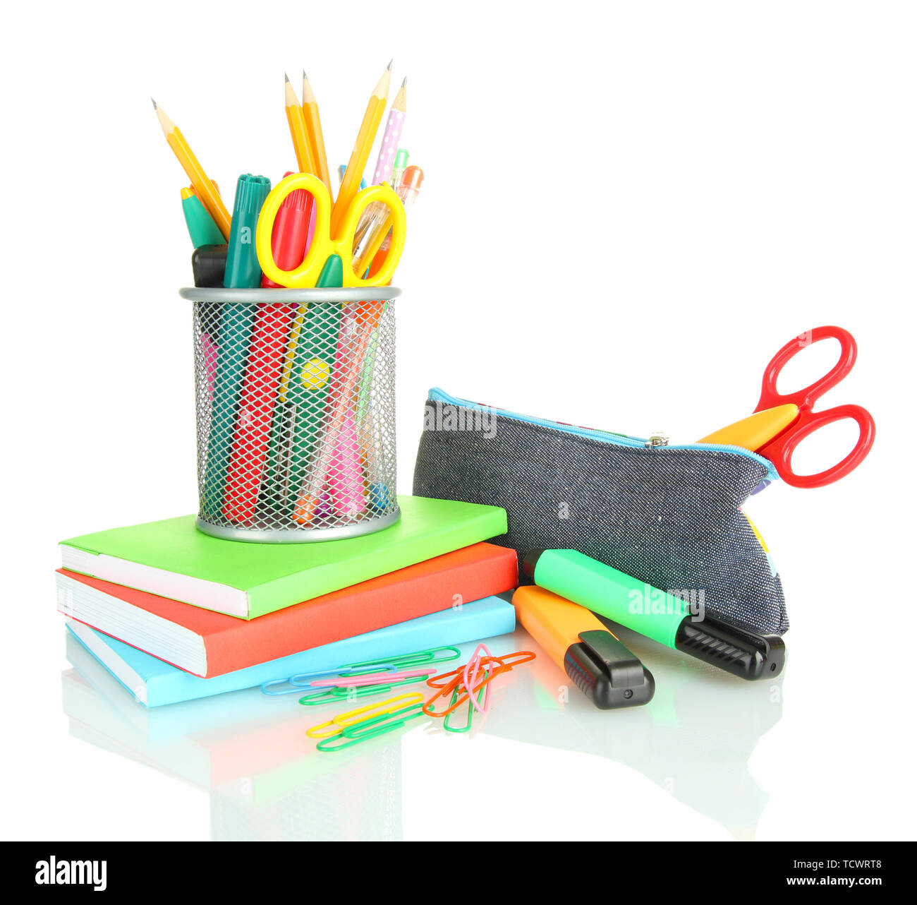 pencil box with school equipment isolated on white Stock Photo - Alamy
