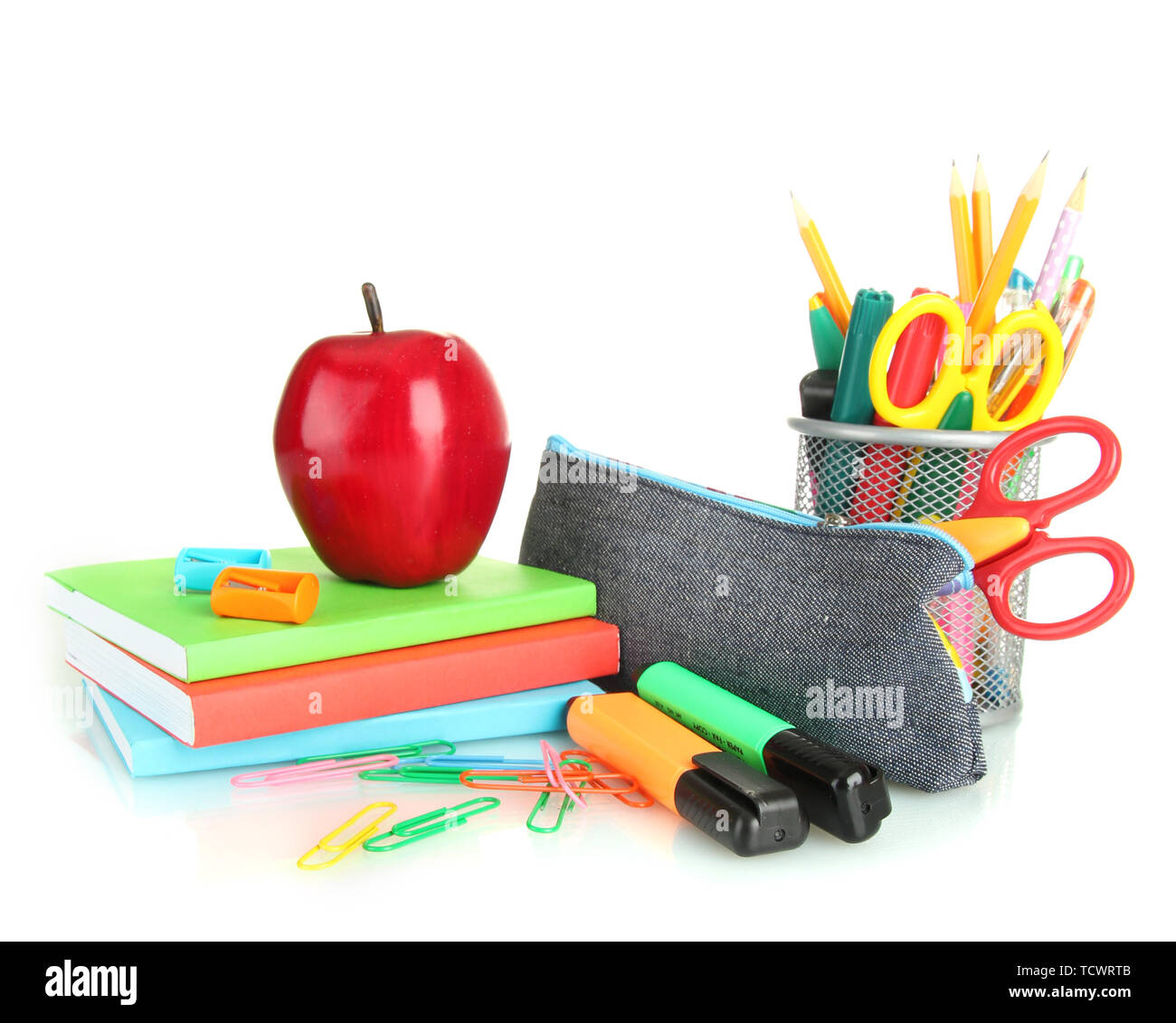 pencil box with school equipment and apple isolated on white Stock ...