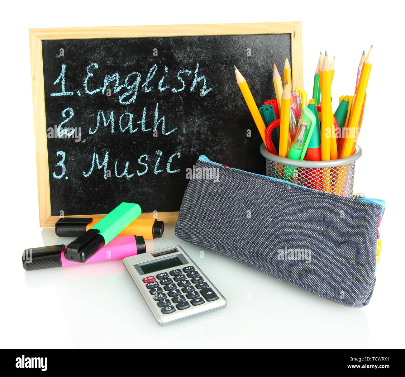 pencil box with school equipment and timetable isolated on white Stock ...