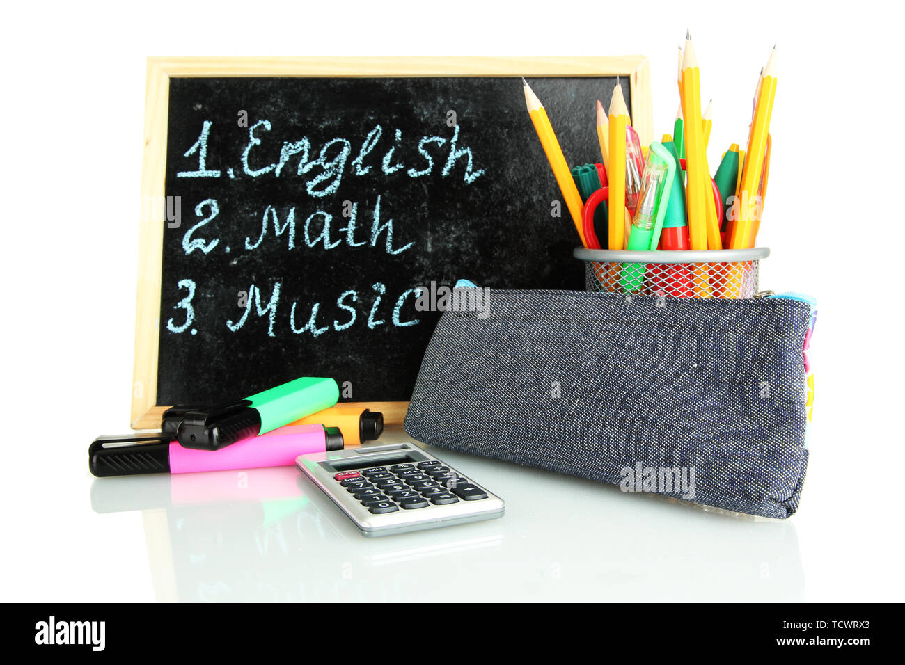 pencil box with school equipment and timetable isolated on white Stock ...