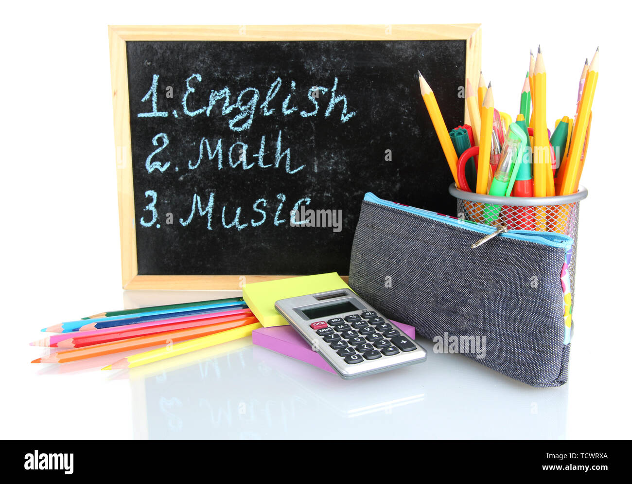 pencil box with school equipment and timetable isolated on white Stock ...