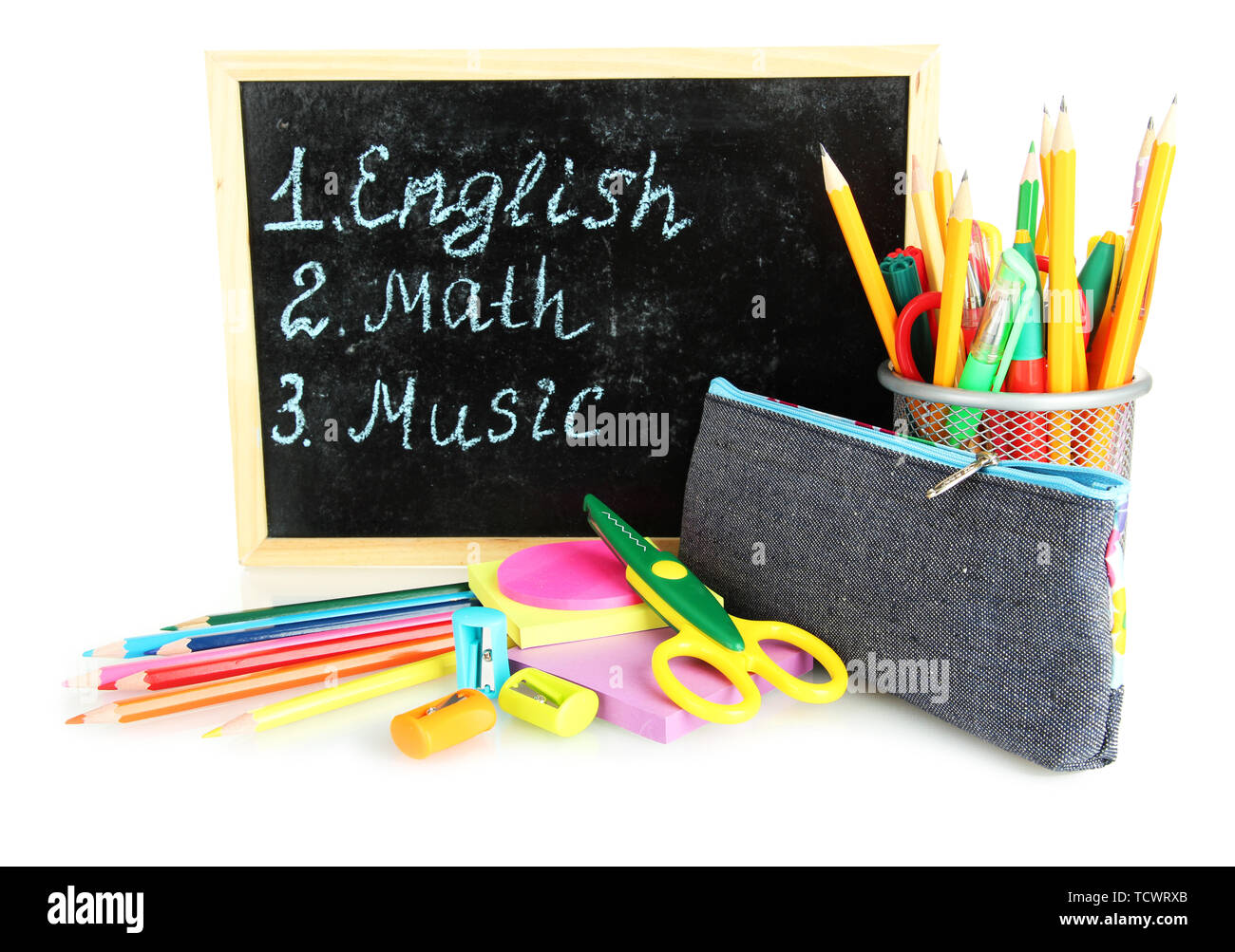 pencil box with school equipment and timetable isolated on white Stock ...