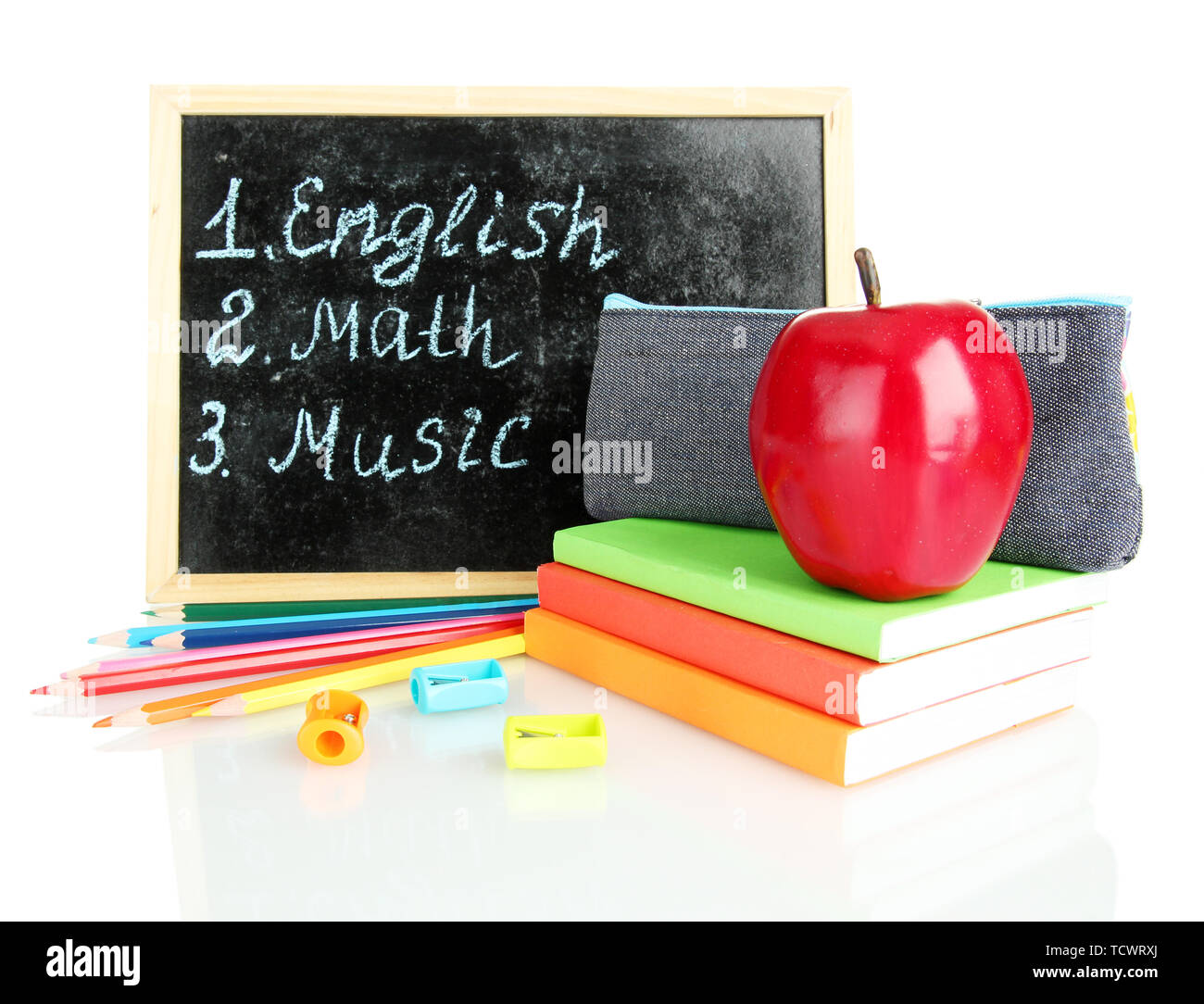 pencil box with school equipment and timetable isolated on white Stock ...