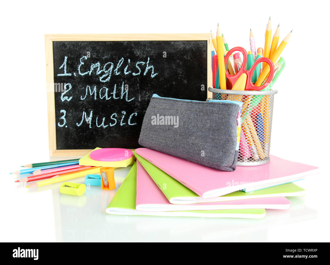 pencil box with school equipment and timetable isolated on white Stock ...