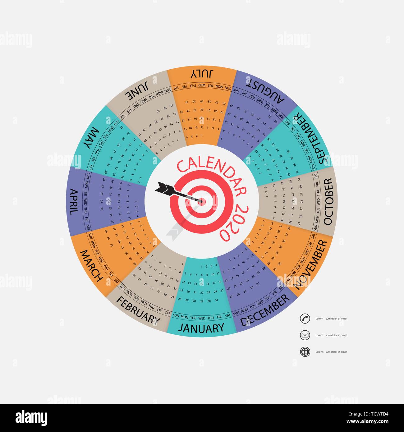 2020 Calendar Template.Circle calendar template.Calendar 2020 Set of 12 ...