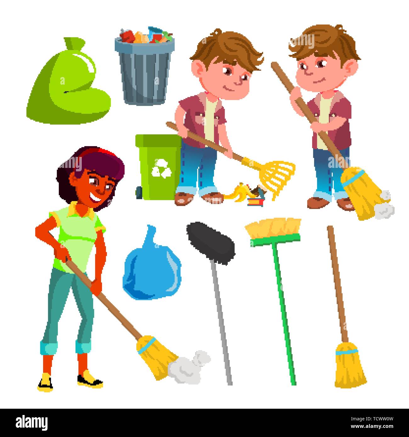 Character People Sweep And Equipment Set Vector Stock Vector Image ...