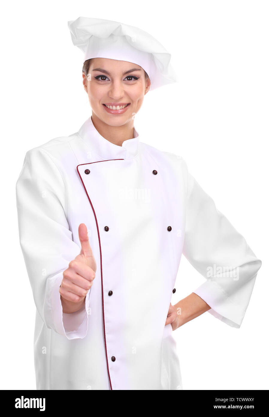 Portrait of young woman chef isolated on white Stock Photo - Alamy