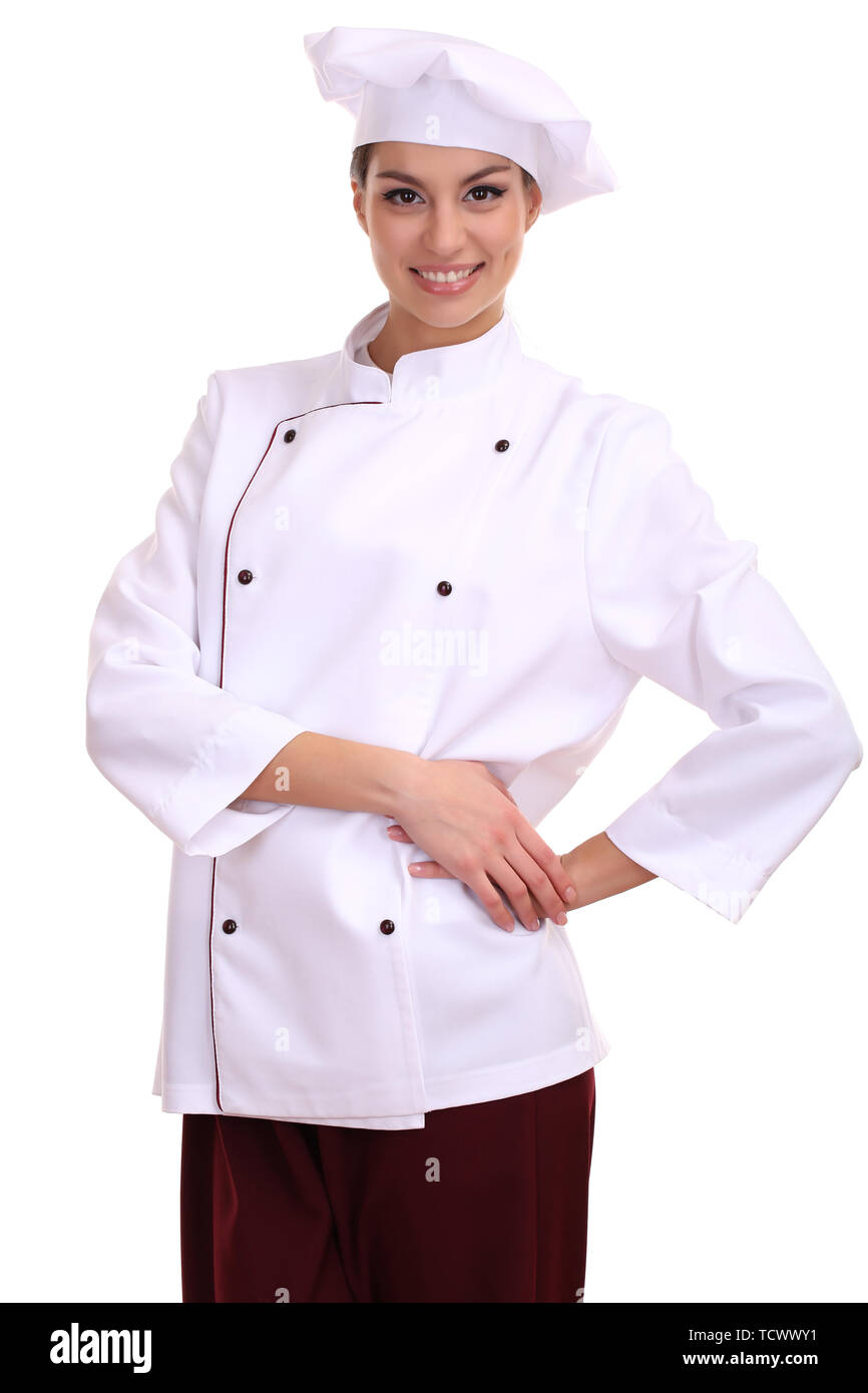 Portrait of young woman chef isolated on white Stock Photo - Alamy
