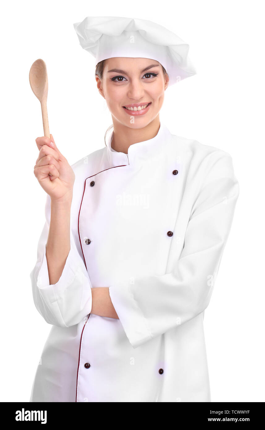 Portrait of young woman chef isolated on white Stock Photo - Alamy