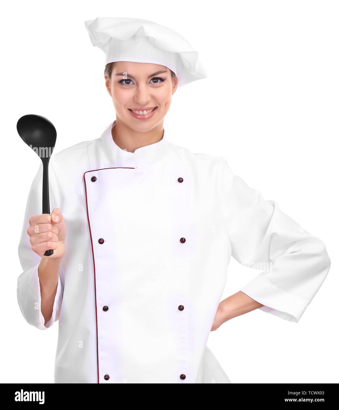 Portrait of young woman chef with ladle isolated on white Stock Photo ...