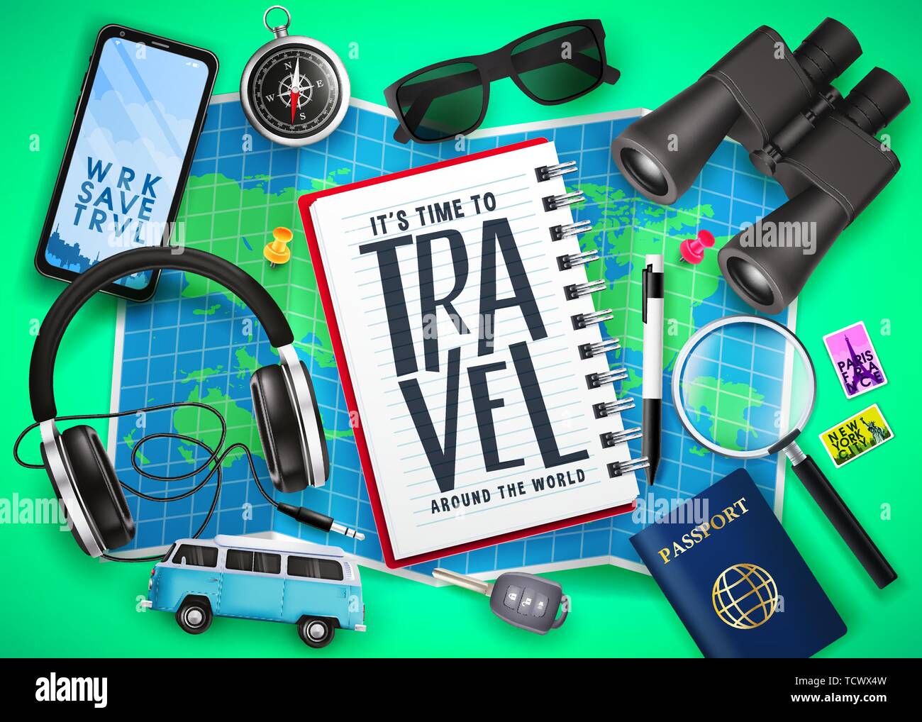 Travel Text in Notebook on Top of Map with 3D Realistic Traveling Item ...