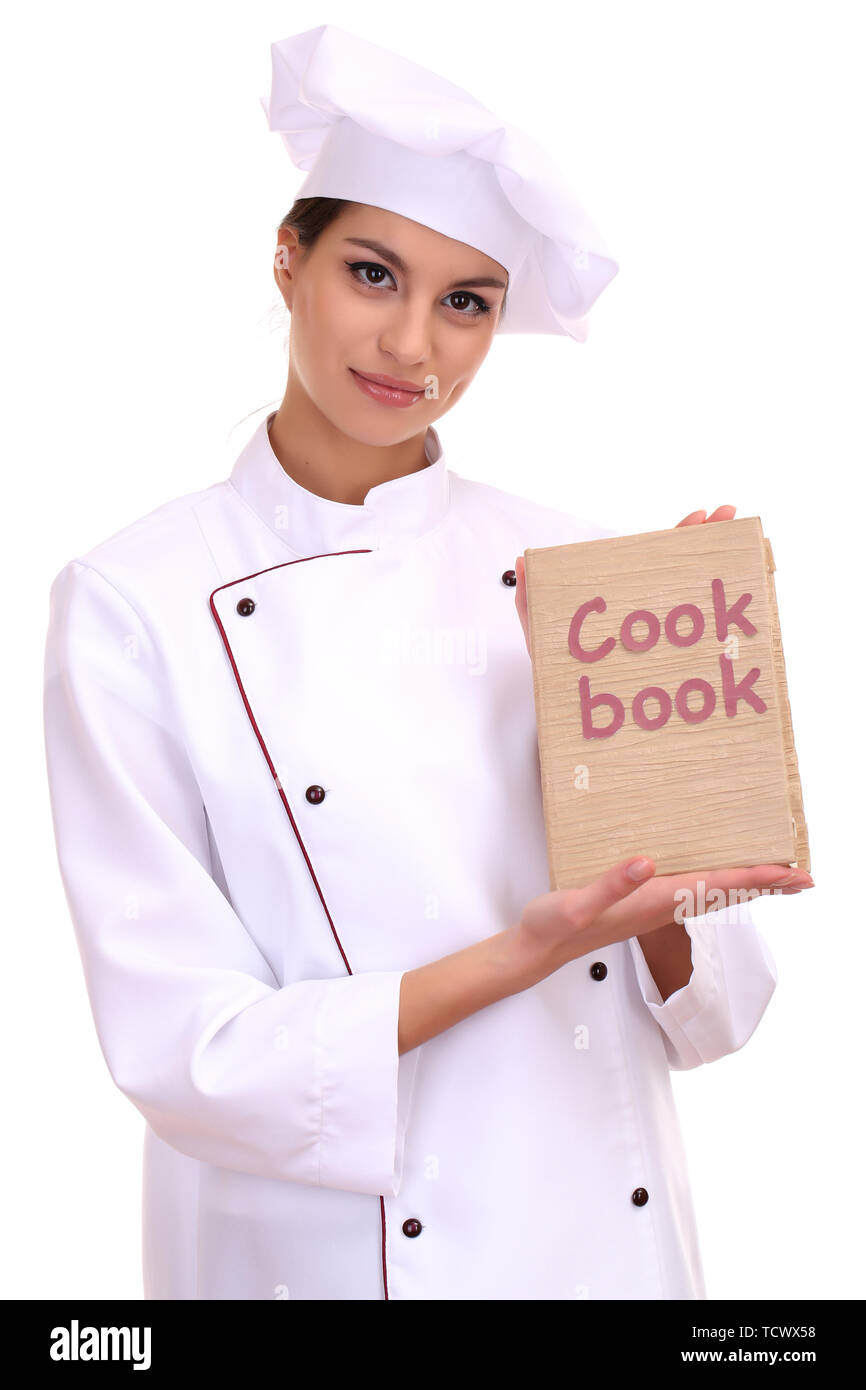 Portrait of young woman chef with cook book isolated on white Stock ...