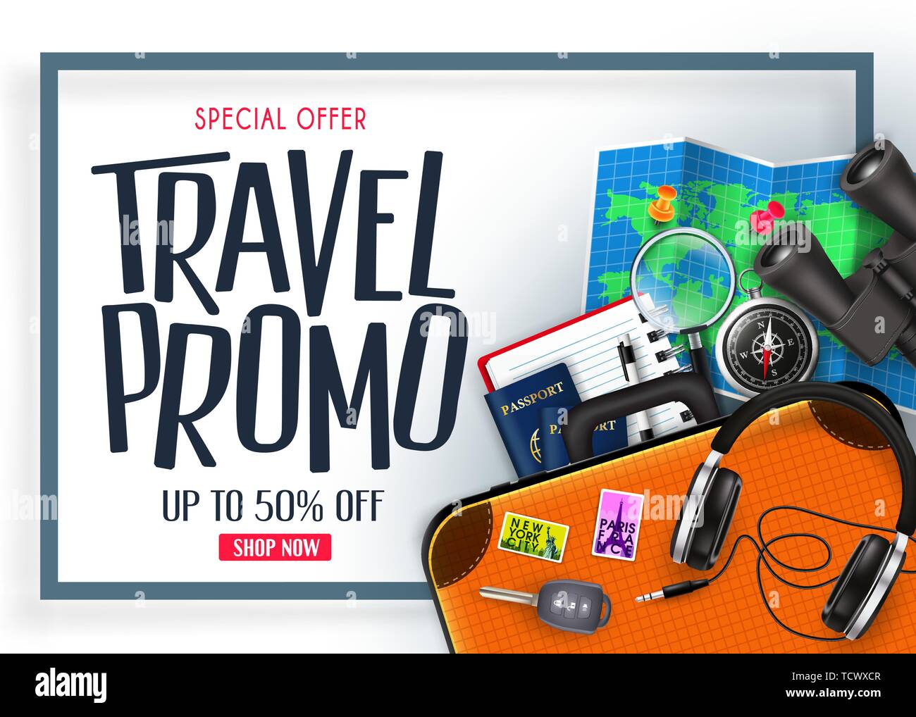 Travel Promo Banner Special Offer Up To 50% Off with Blue Frame 3D ...