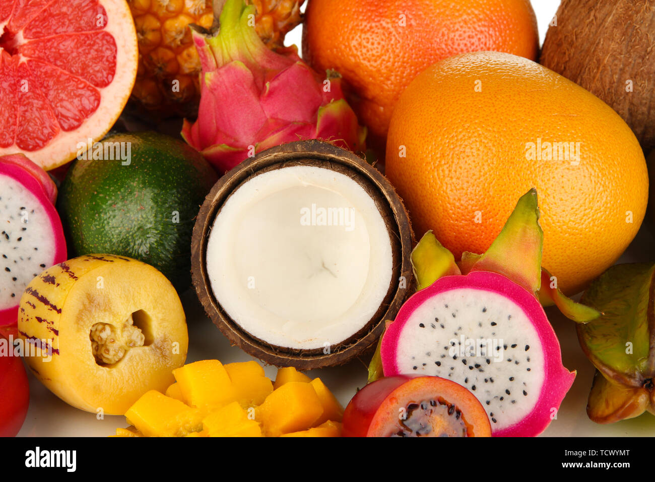 Composition of exotic fruits close-up background Stock Photo - Alamy