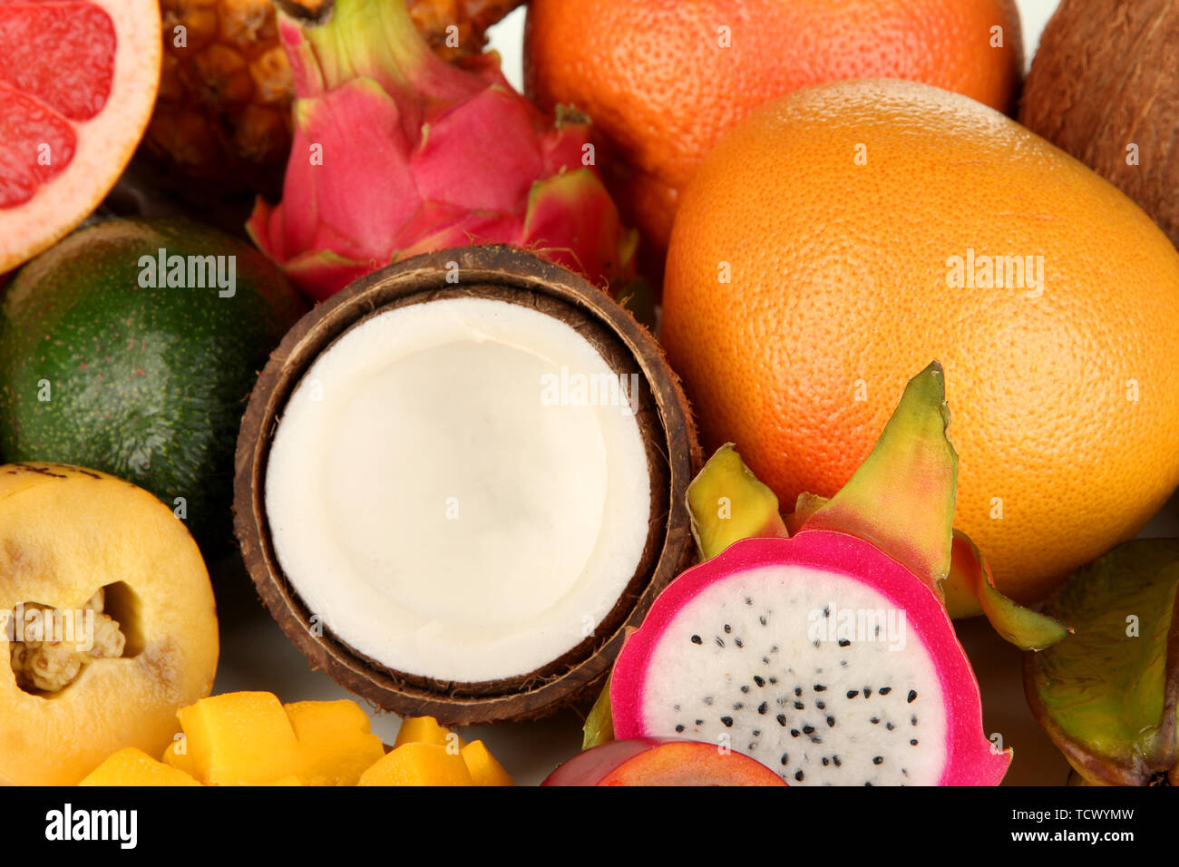 Composition of exotic fruits close-up background Stock Photo - Alamy