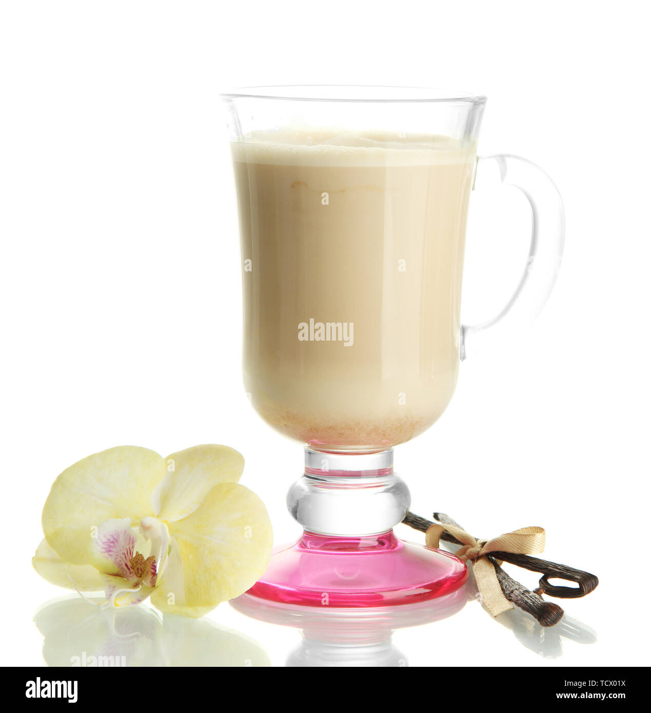 Fragrant coffee latte in glass cup with vanilla pods isolated on white ...