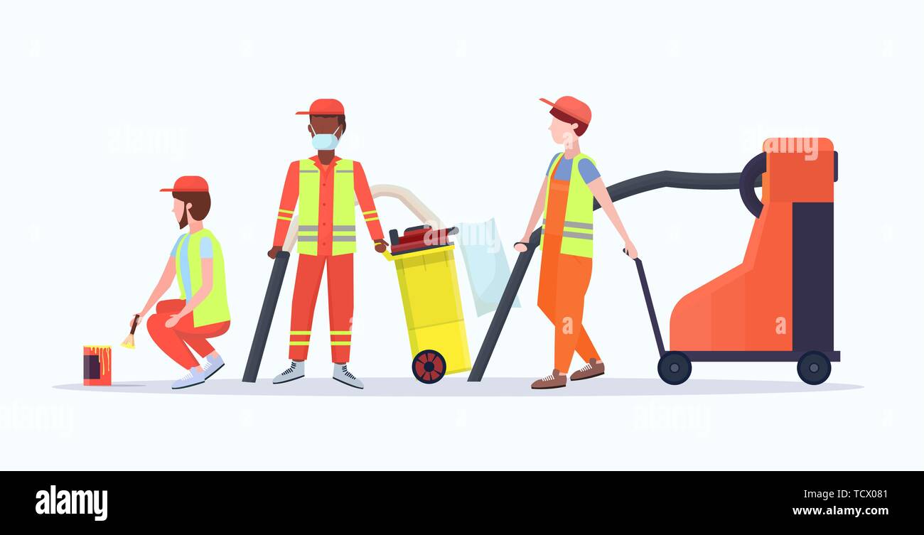 street cleaners in uniform using different equipment mix race male ...
