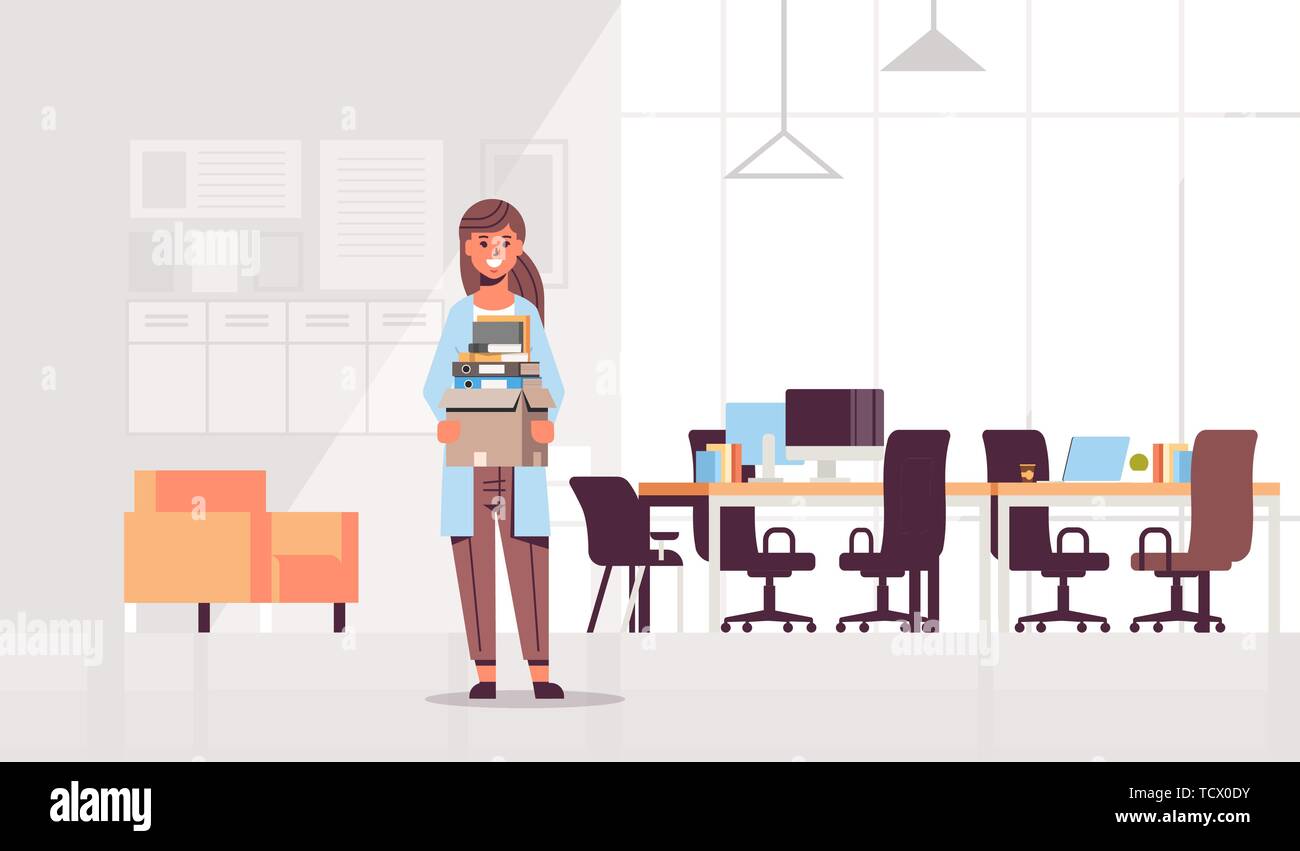 businesswoman office worker holding box with stuff things new job ...