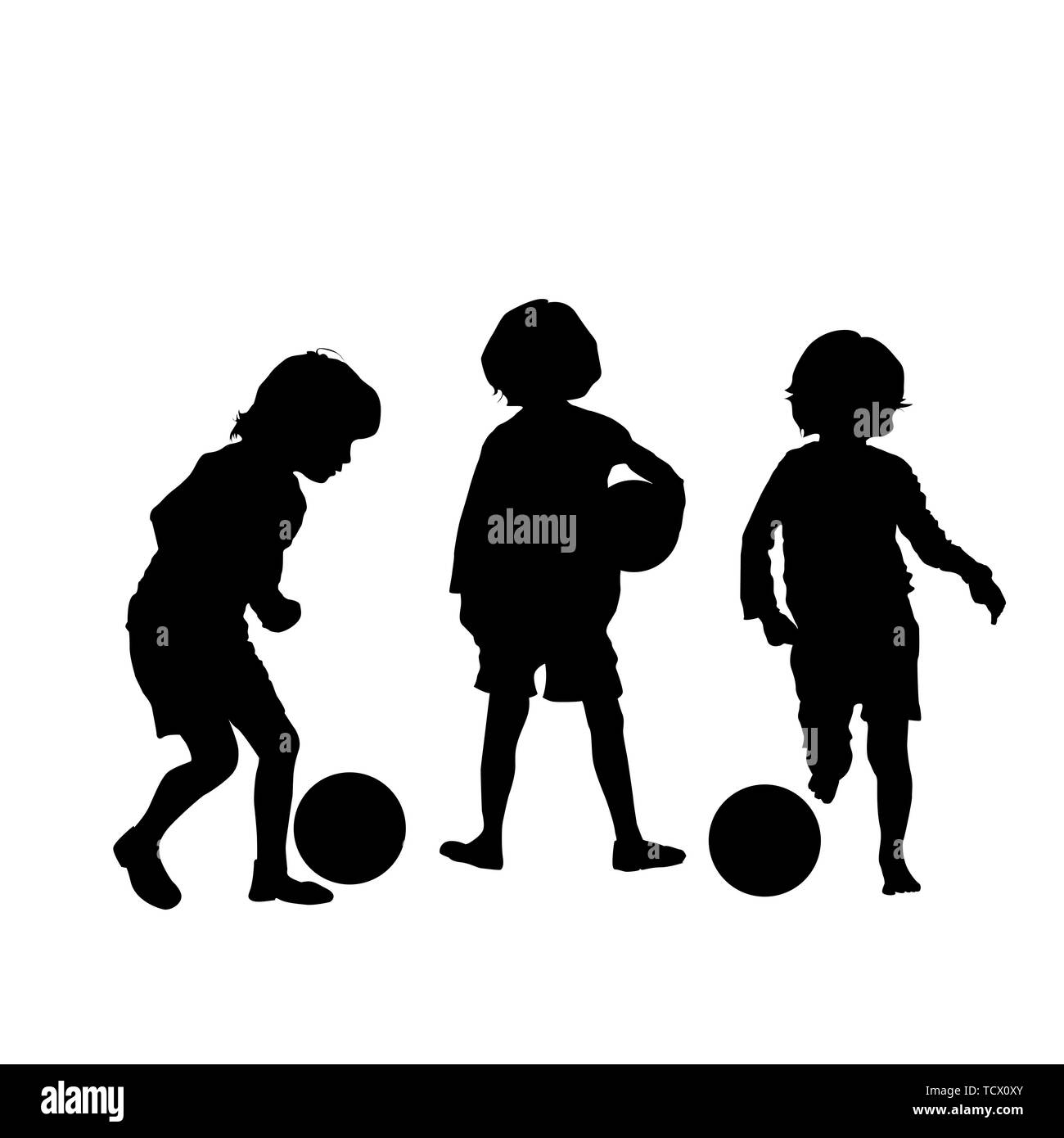 Vector silhouette of children playing soccer, isolated, grouped objects ...