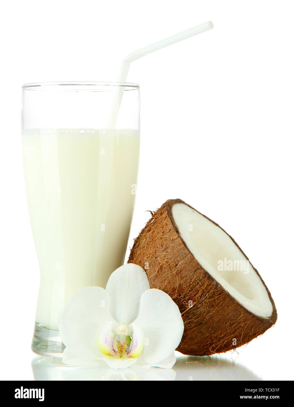 Coconut with glass of milk, isolated on white Stock Photo - Alamy