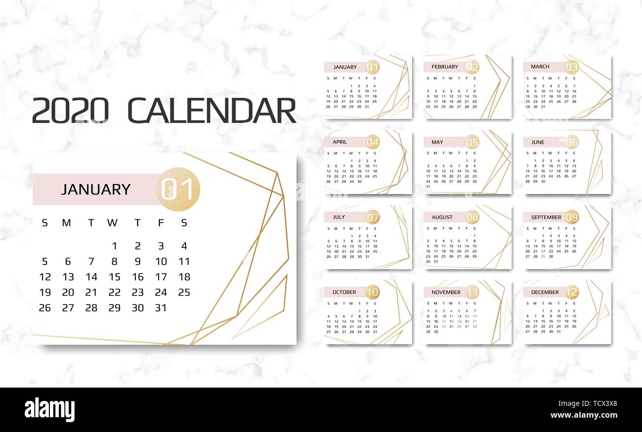Calendar 2020 template. 12 Months. Design with Geometrical art lines ...