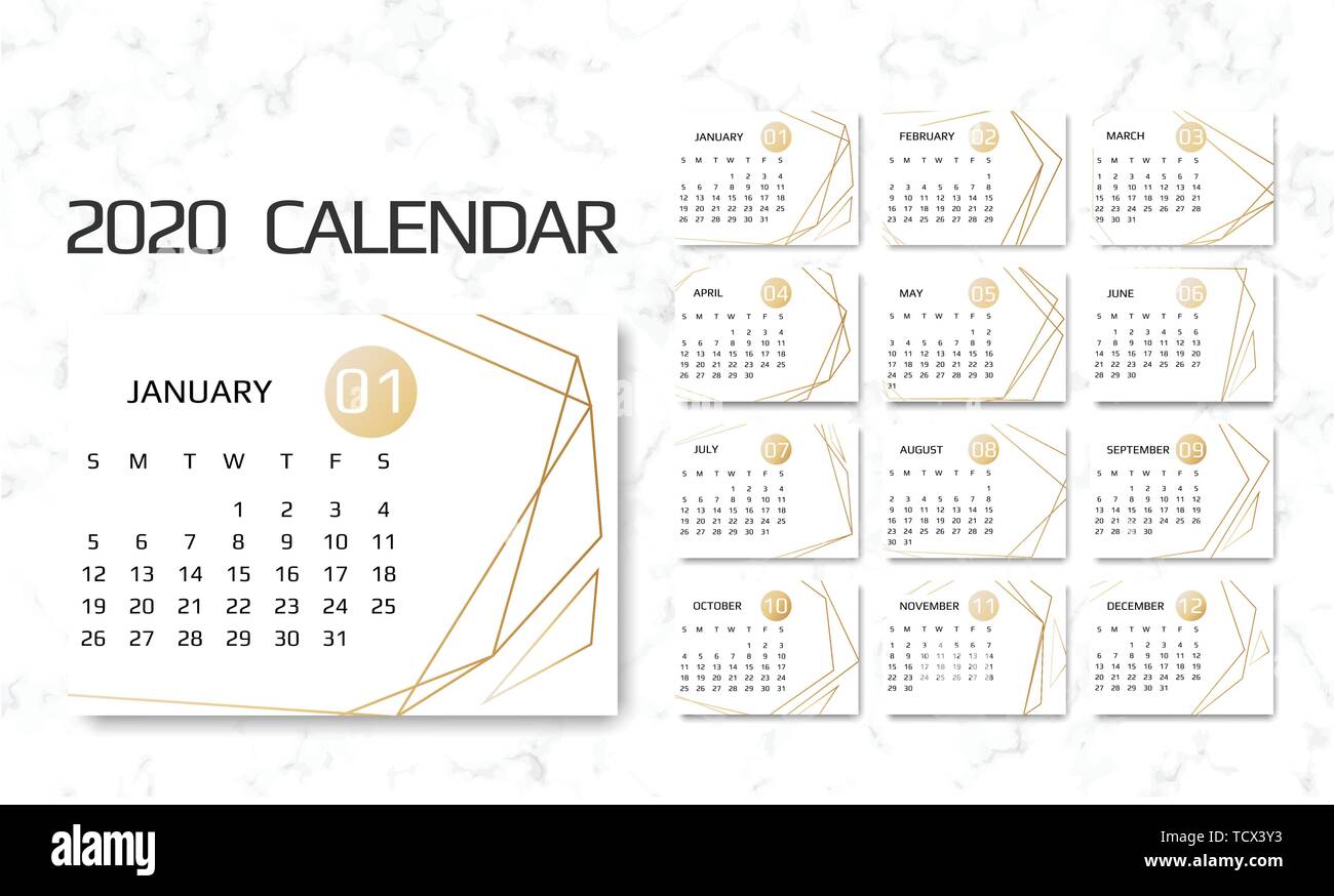 Calendar 2020 template. 12 Months. Design with Geometrical art lines ...