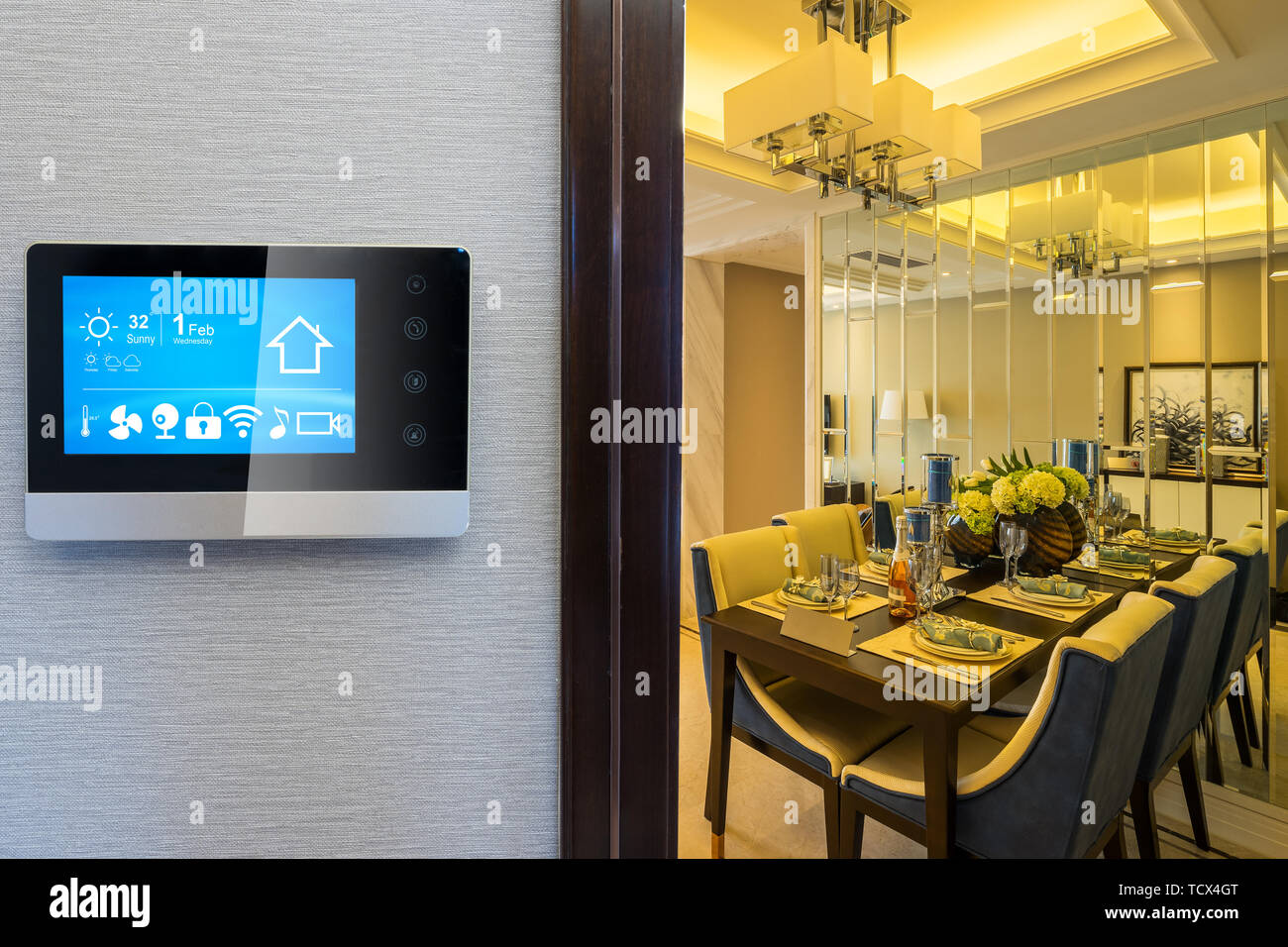 smart screen with smart home with modern dining room Stock Photo - Alamy