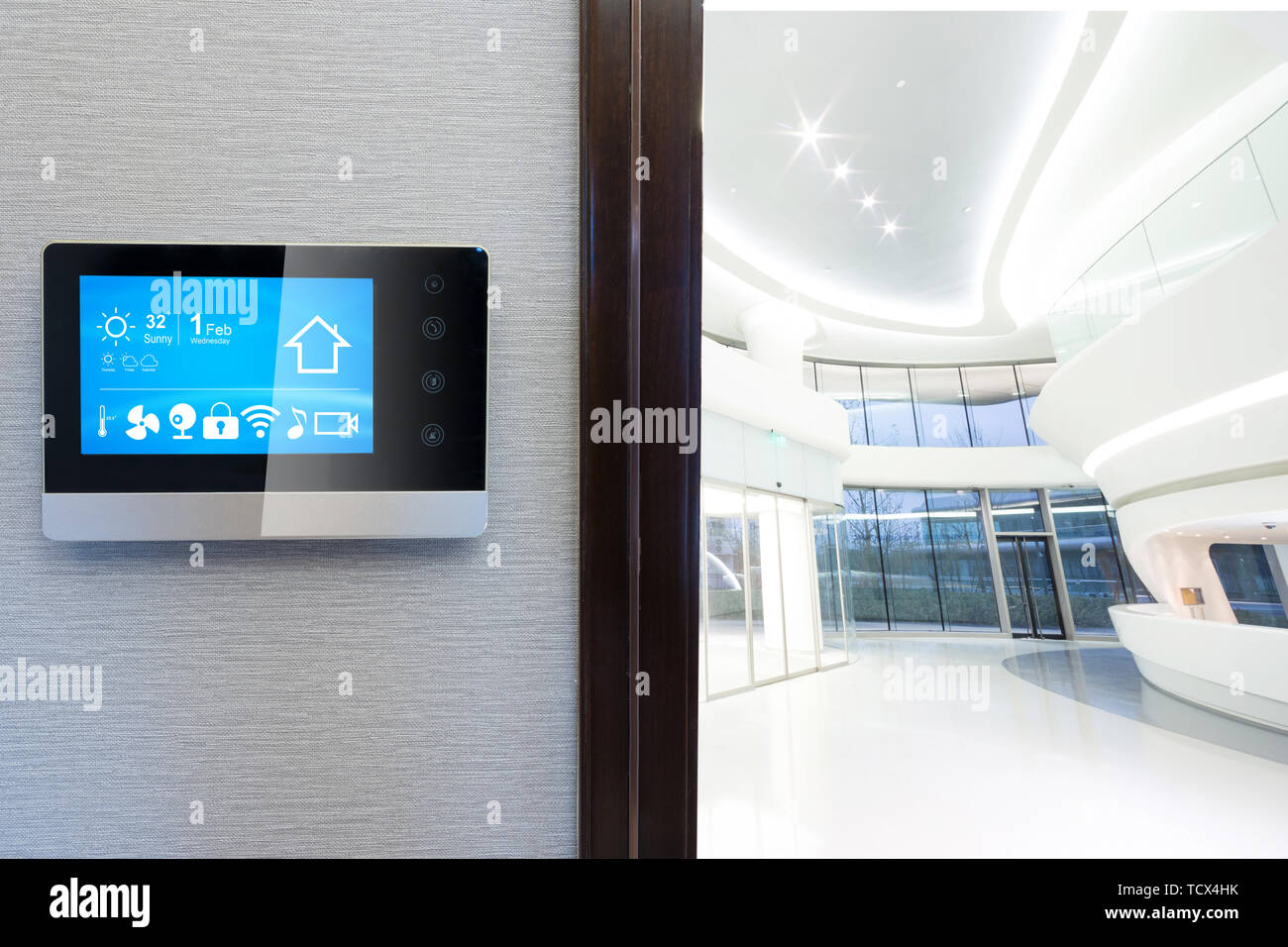 smart screen with smart home with modern hall Stock Photo - Alamy