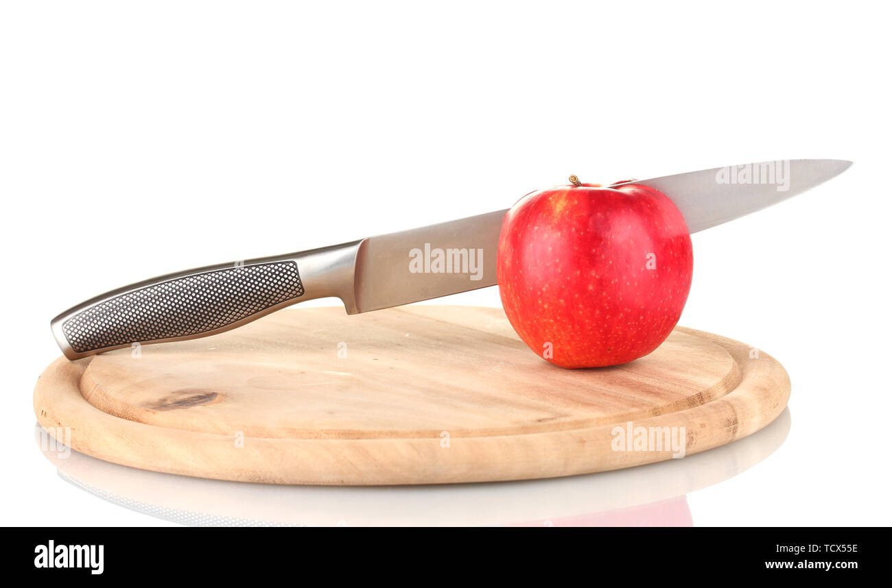 Red apple and knife on cutting board, isolated on white Stock Photo - Alamy