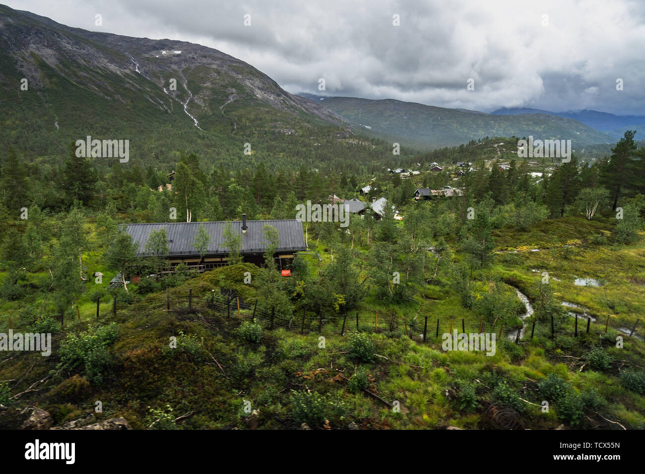 Remote village in the mountains of Hordaland county viewed from the ...