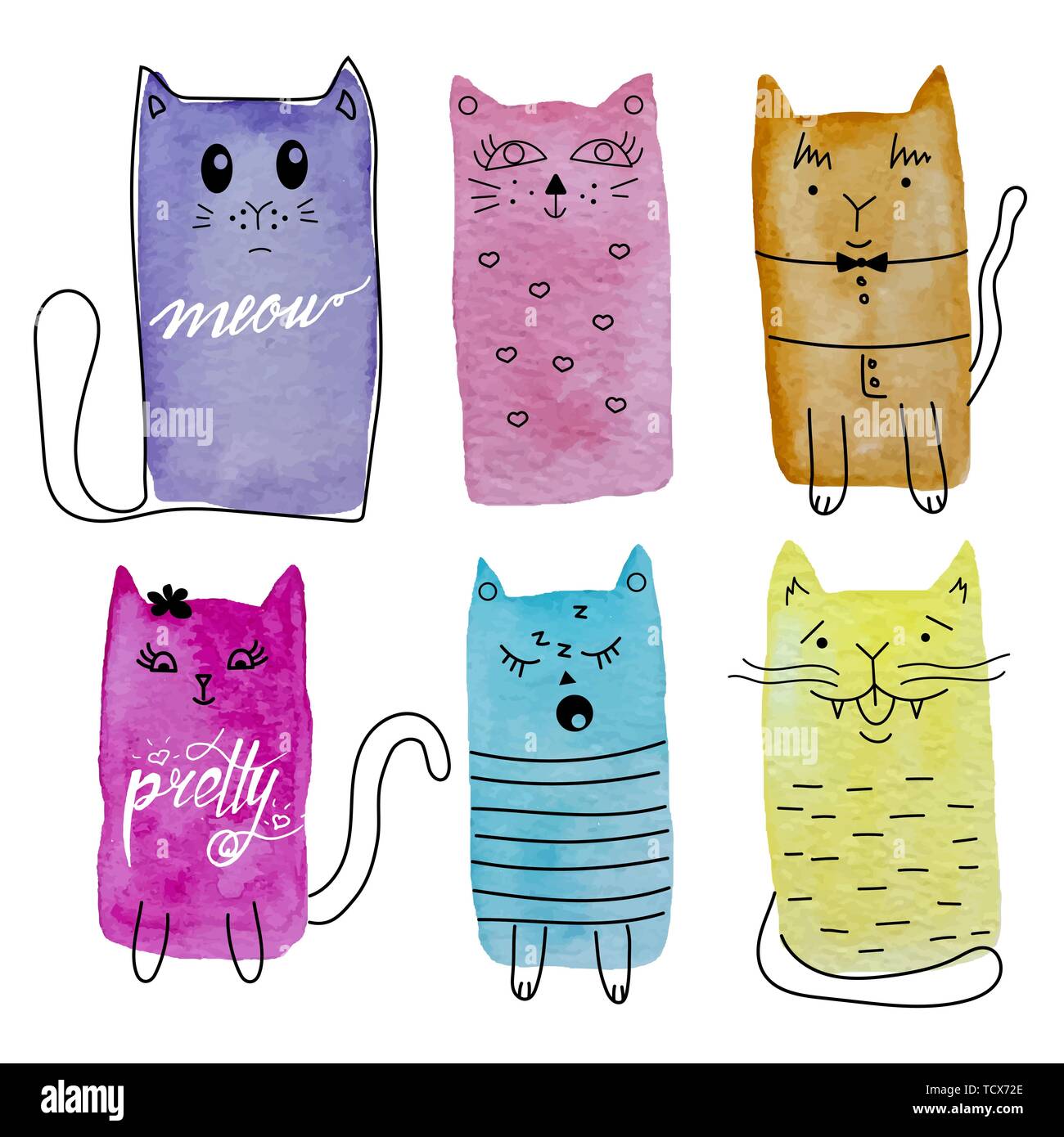 Cute watercolor cats vector set. Funny pets Stock Vector Image & Art ...