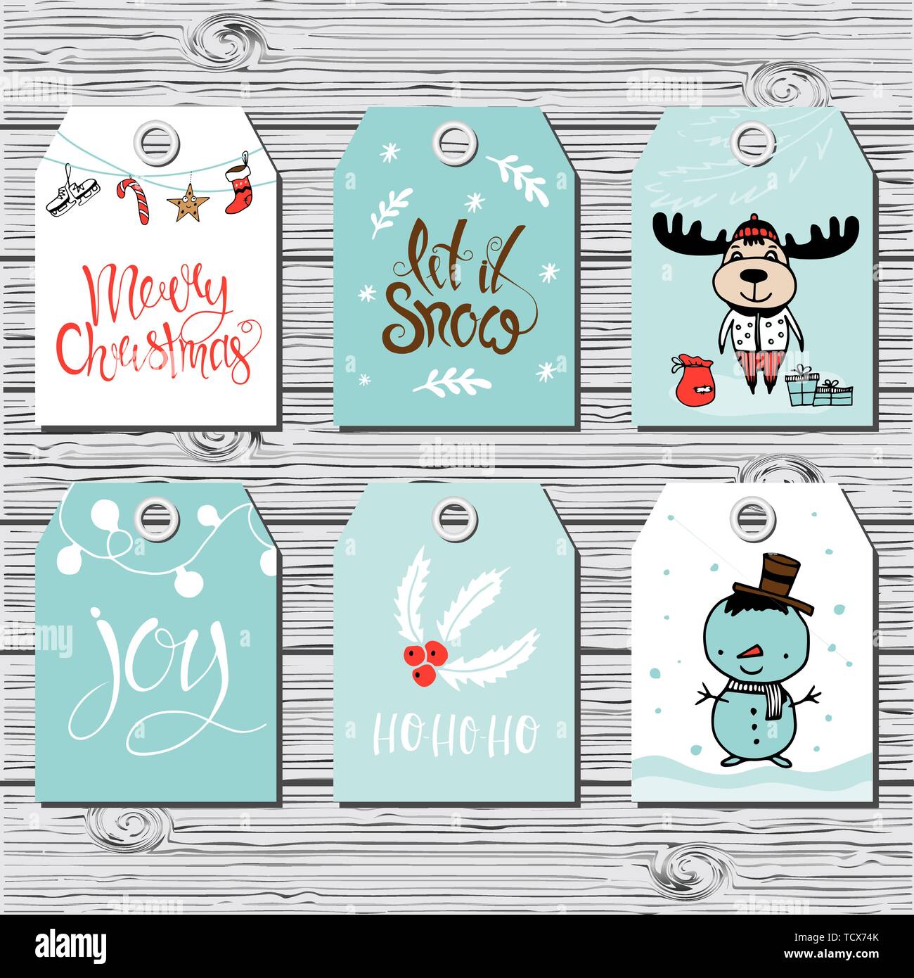Set of six vector holiday Christmas tags with cartoon characters deer ...