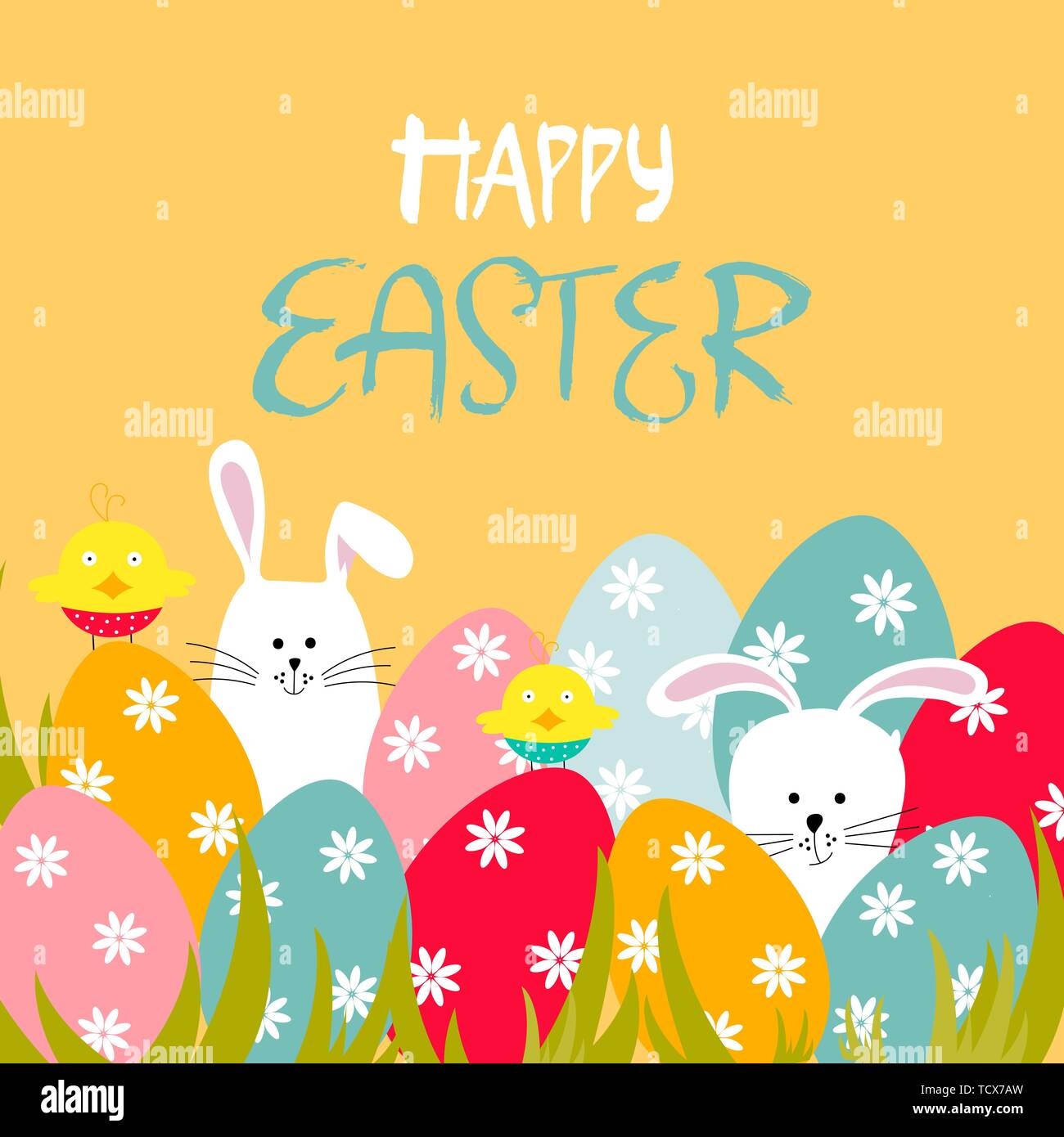 Easter greeting card with eggs, chickens, bunnies and lettering Happy ...