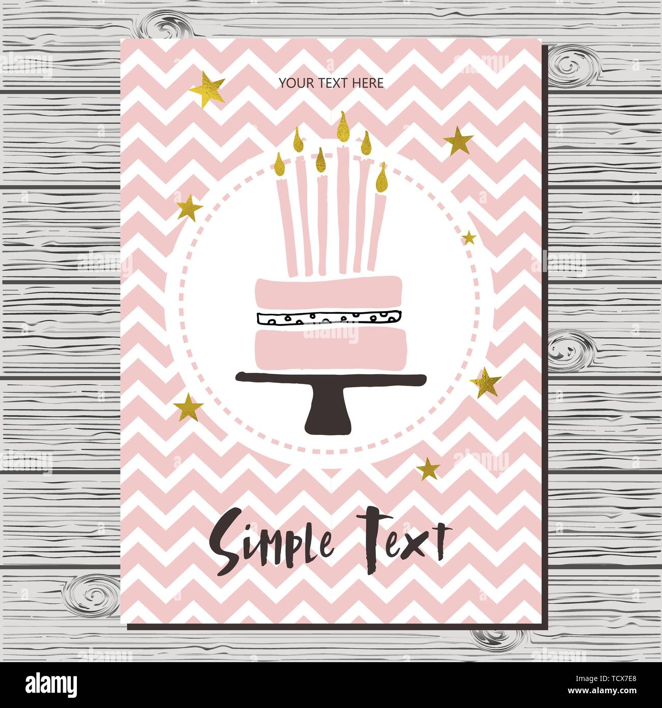 Happy birthday card with cake and candles, stars and seamless chevron ...