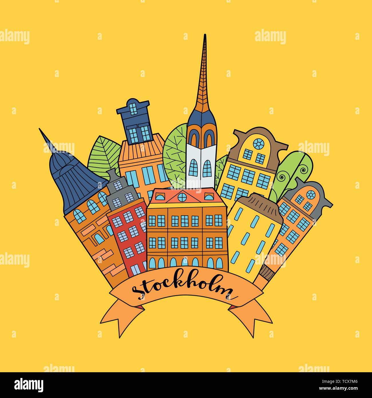 Stockholm, Sweden. Hand drawn houses and trees. Vector illustration ...