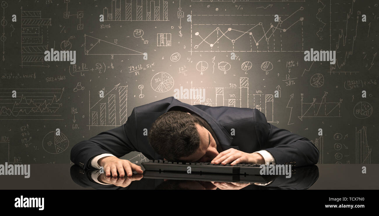 Elegant teacher fell asleep at his workplace with full draw blackboard ...