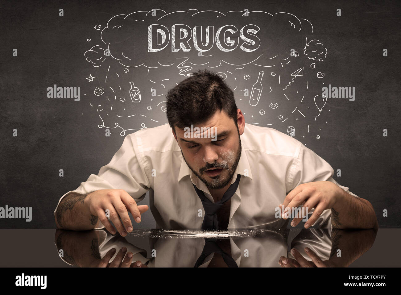 Loser drunk man with drinking, drug, hangover, alcoholic drugs concept ...