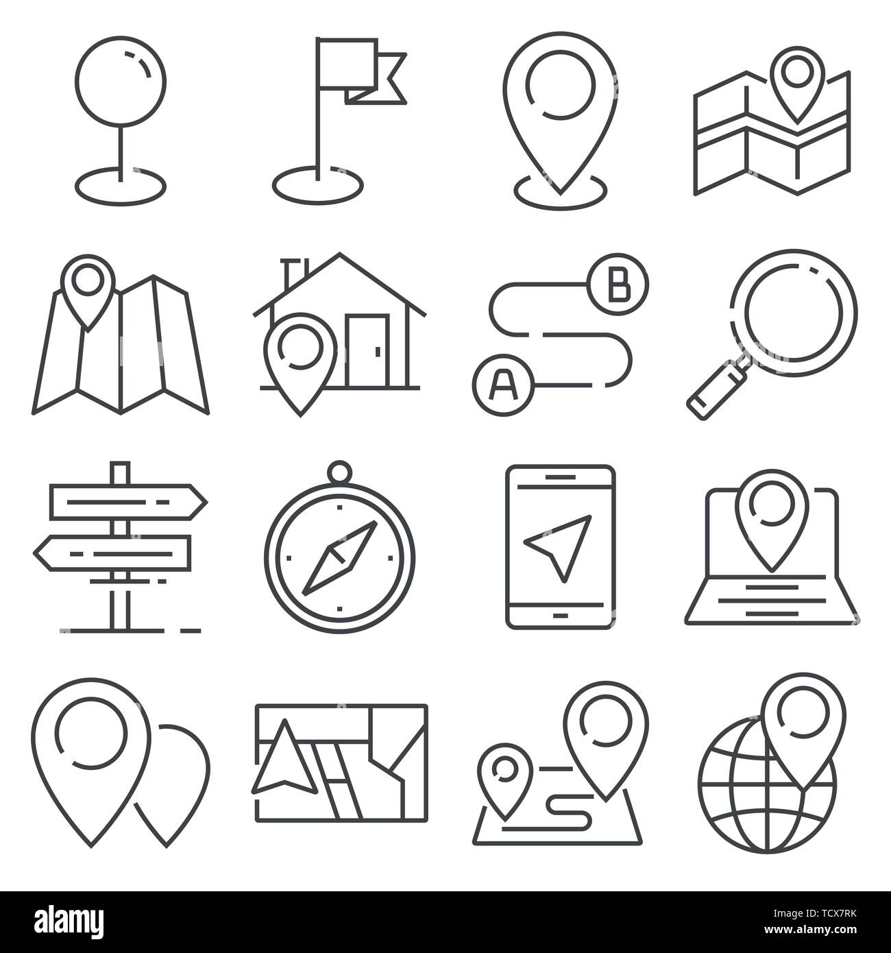Vector Gray Navigation and Map line icons on white background Stock ...