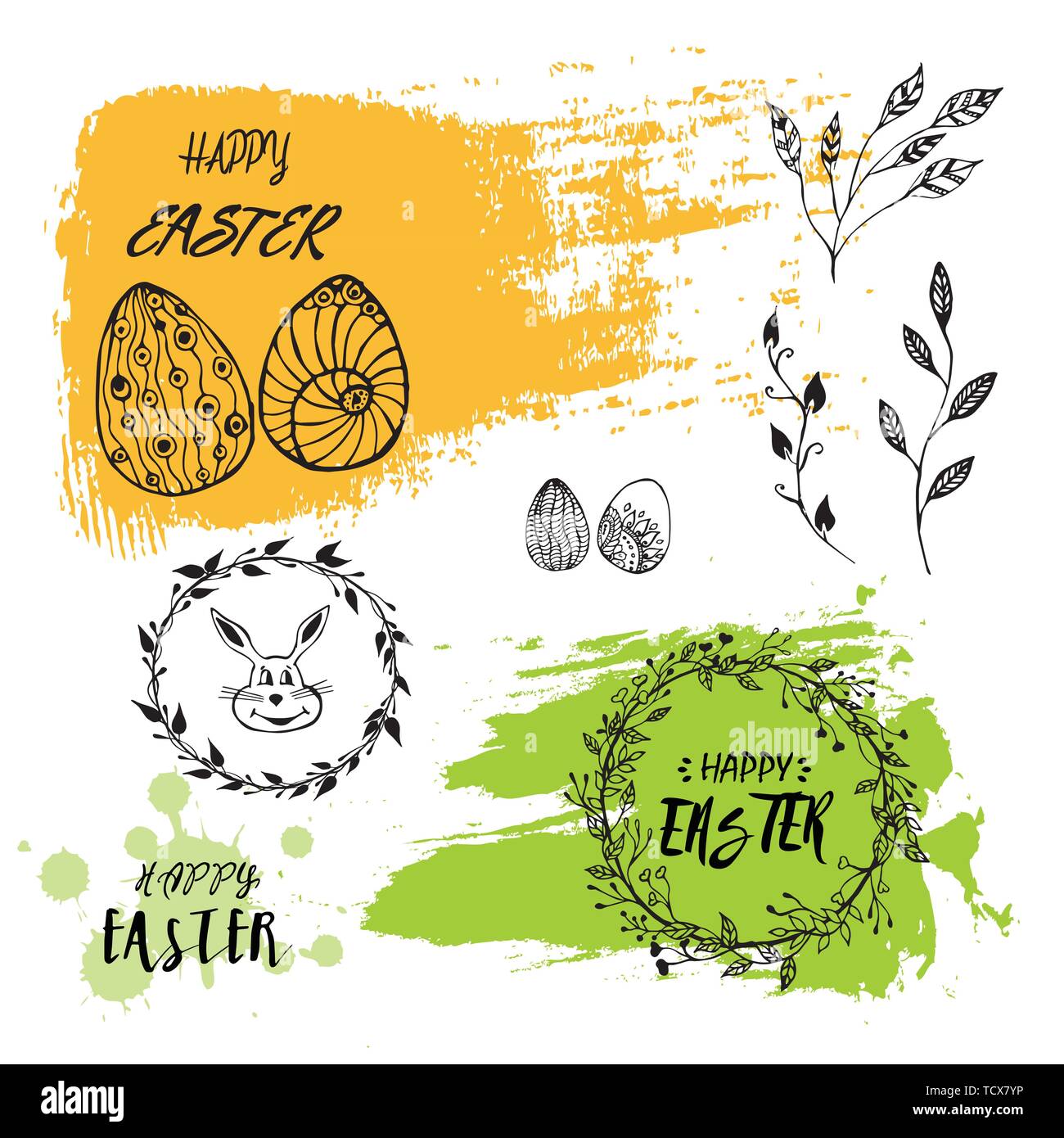 Vector Easter card and hand drawn elements: bunny, eggs and wreath ...