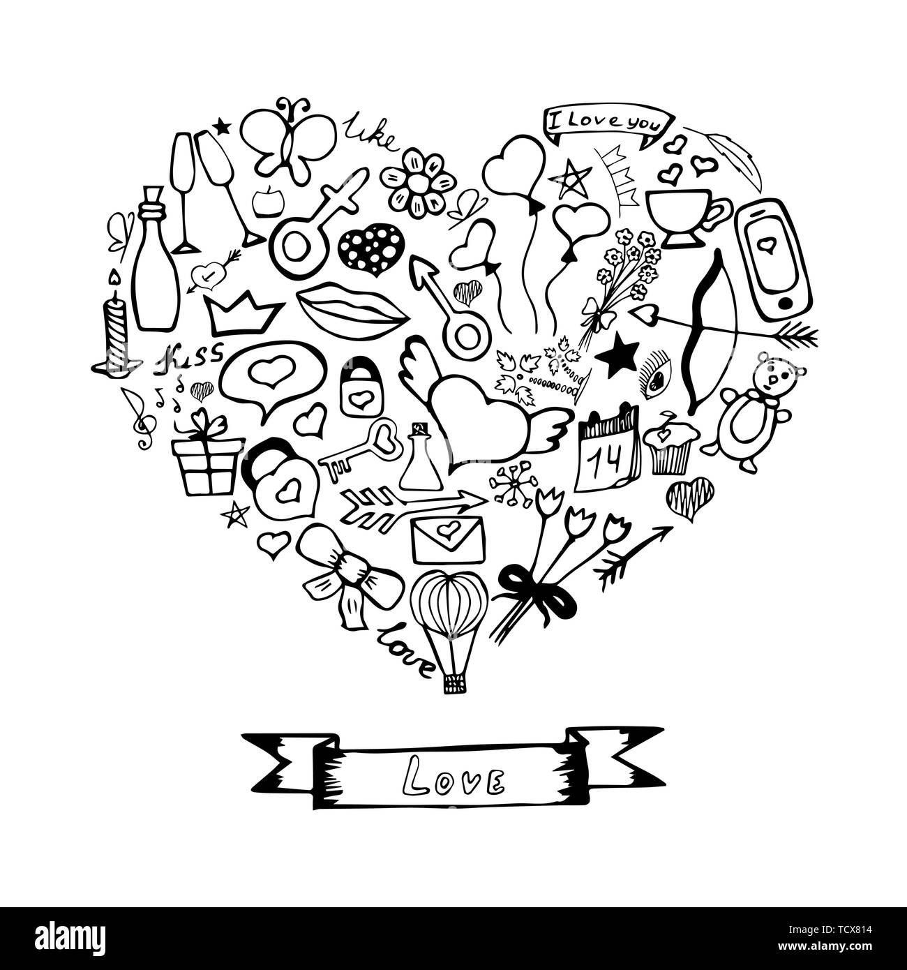 Valentine card with hand-drawn doodles elements. Vector illustration ...
