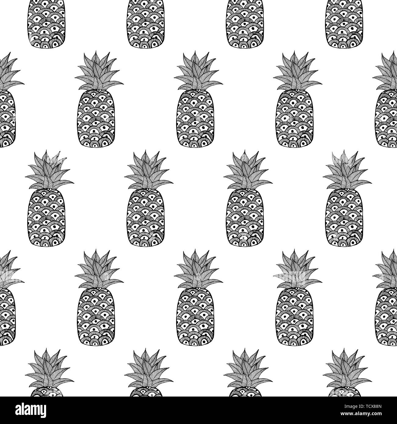 Hand drawn pineapple seamless pattern. Pineapple isolated on white background. Vector ...